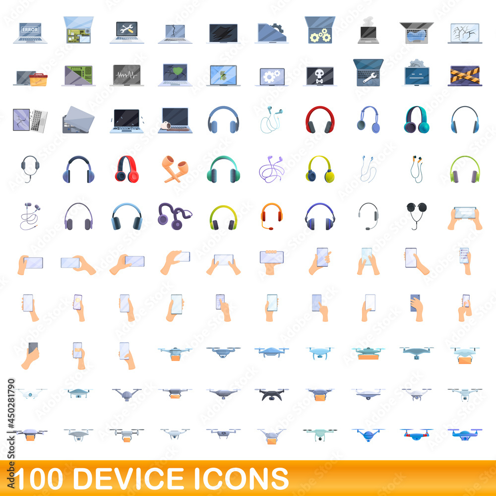 100 device icons set. Cartoon illustration of 100 device icons vector ...