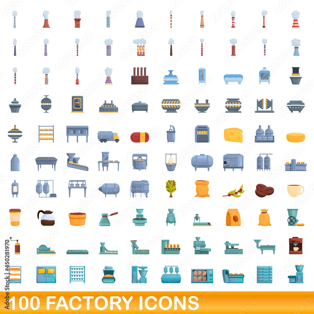 100 factory icons set. Cartoon illustration of 100 factory icons vector ...
