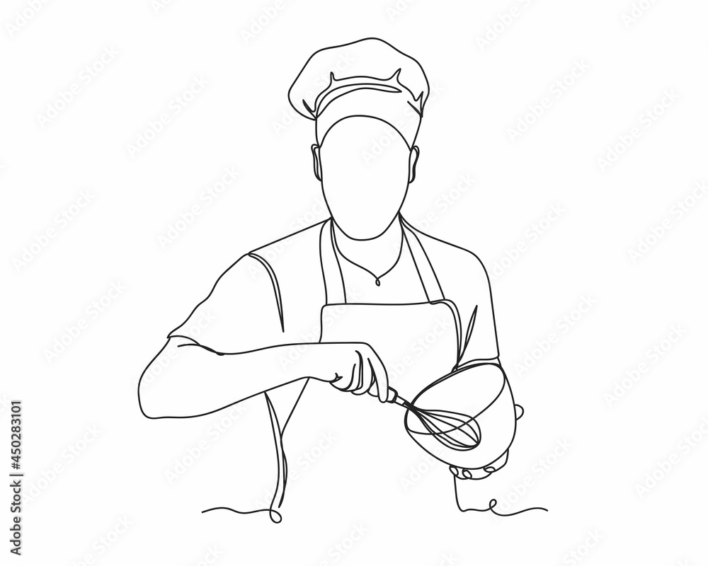 Continuous one line drawing of male chef or cook baker man in ...