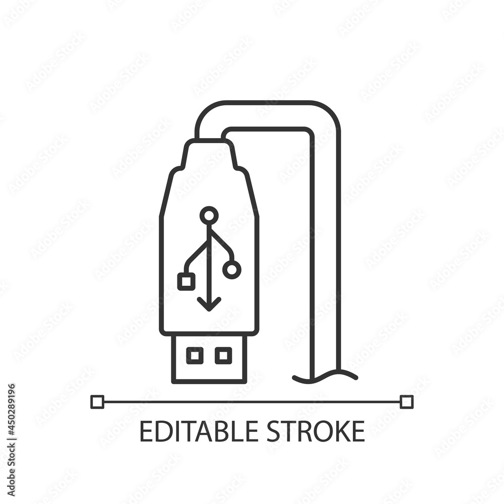 USB output linear manual label icon. Standard cable connection. Thin ...