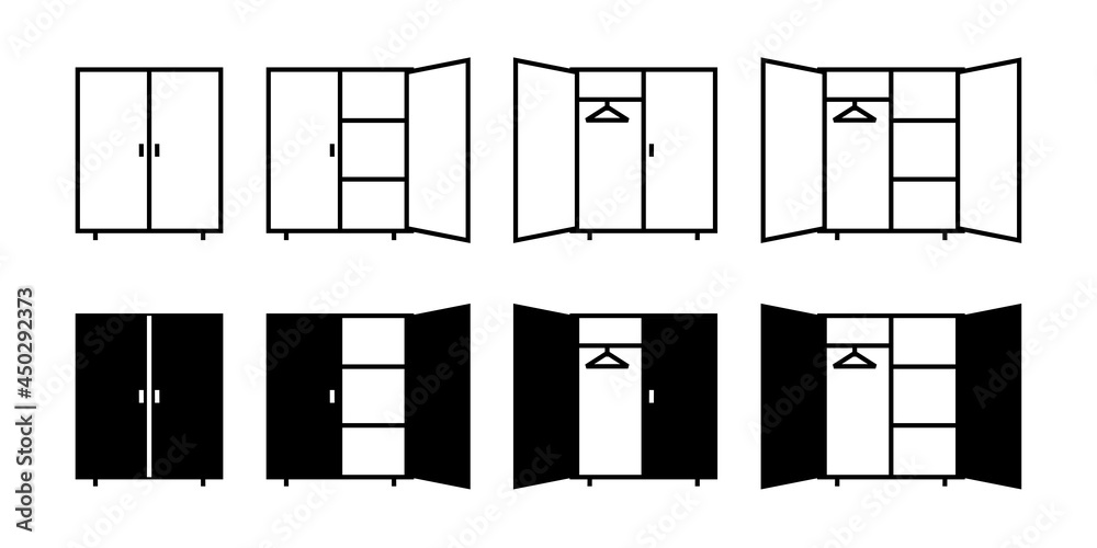 Wardrobe icon, open and closed. Cupboard symbol. Illustration vector ...