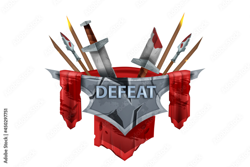 Video game over defeat vector screen badge, medieval lose battle sign ...