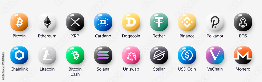 A collection of icons - buttons - logos of top cryptocurrencies ...
