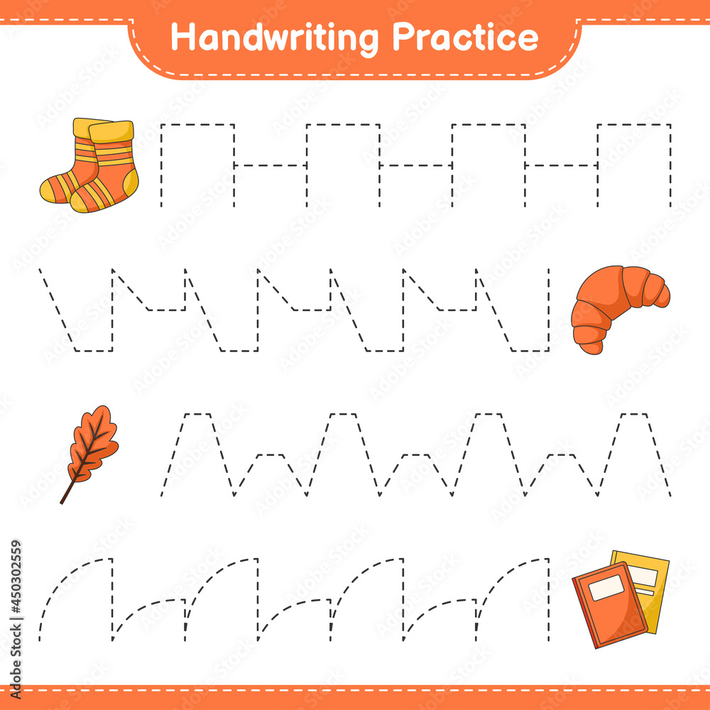 Handwriting practice. Tracing lines of Oak Leaf, Socks, Book, and ...