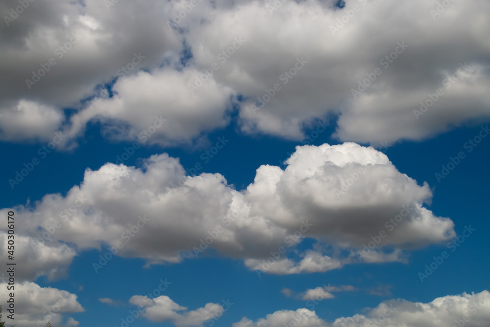 Nubes redondas y esponjosas en un hermoso cielo azul. Un bonito fondo ...