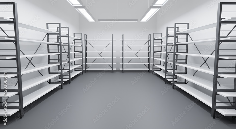 Cold room in warehouse with empty racks, white shelves on metal base ...