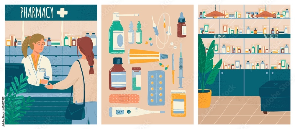 Pharmacy store concept vector illustration set. Pharmacist and clients ...