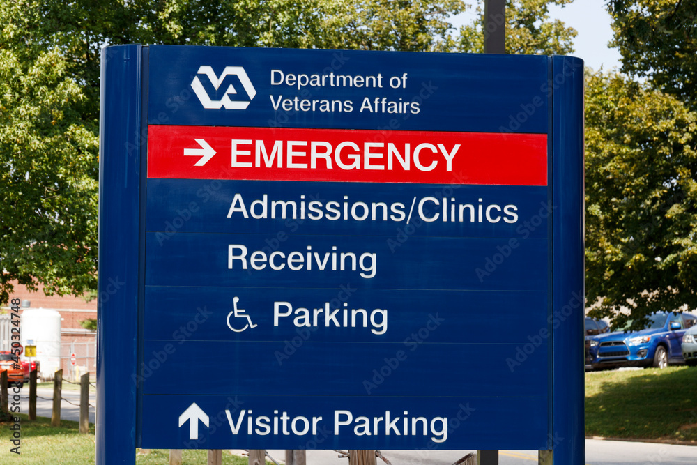 Veterans Affairs signage and logo. The VA provides healthcare services ...