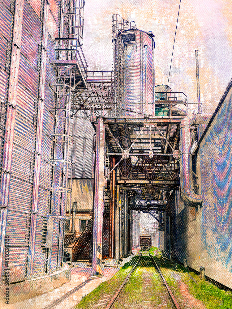 Railroad at a modern grain terminal. Grain terminal of a modern seaport ...