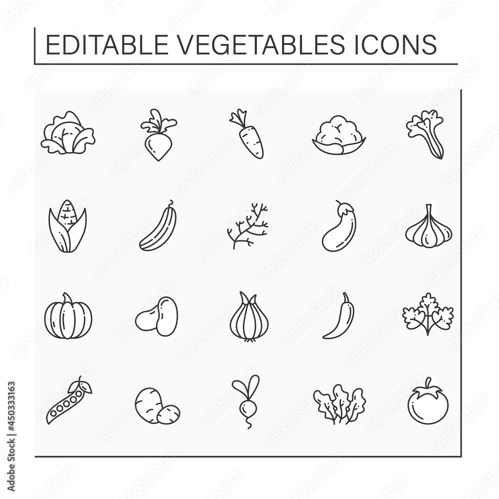 Vegetables line icons set. Edible plant. Vegetarian, healthy nutrition ...