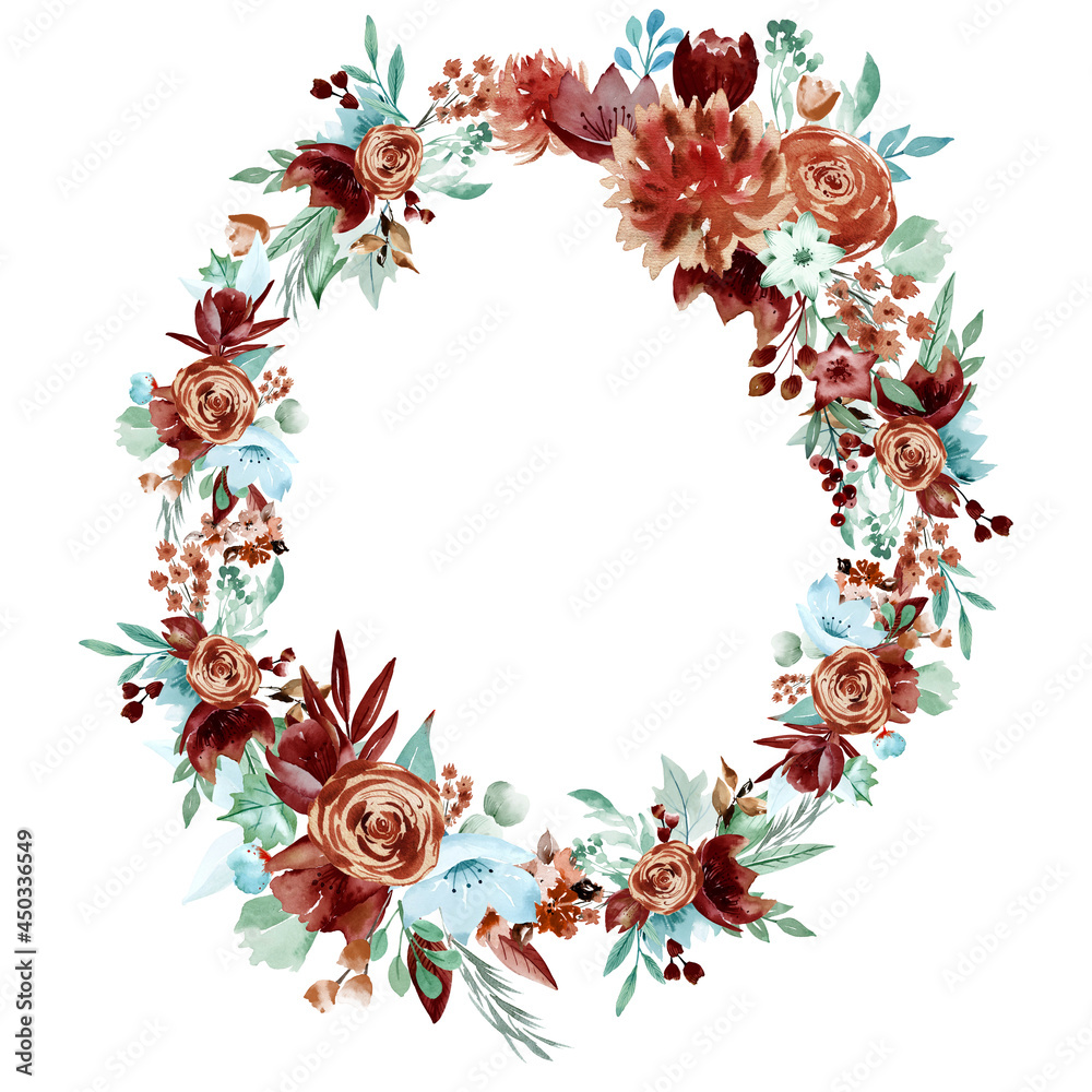 Watercolor teal and burgundy floral bouquets, Mint green and brown ...