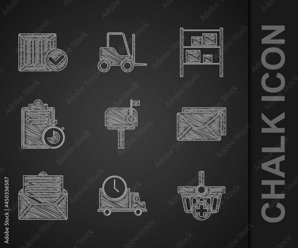 Set Mail box, Logistics delivery truck and clock, Add to Shopping basket, Envelope, Verification ...
