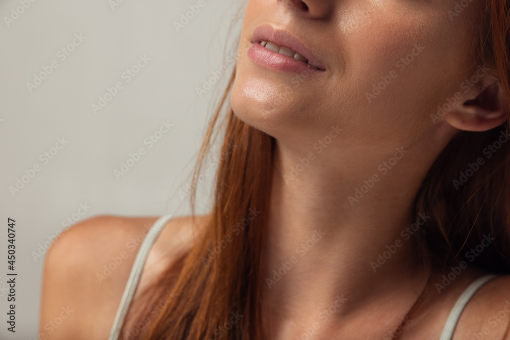 Cropped image of young beautiful caucasian woman without makeup ...