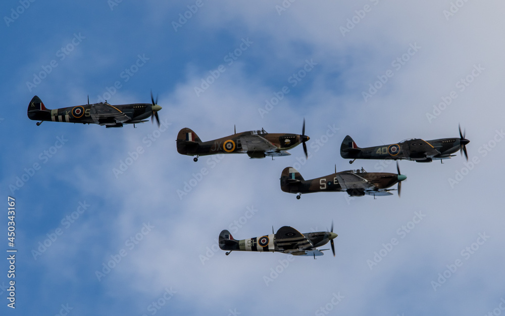 RAF fighter formation. Two Hurricanes and three Spitfires. World War ...