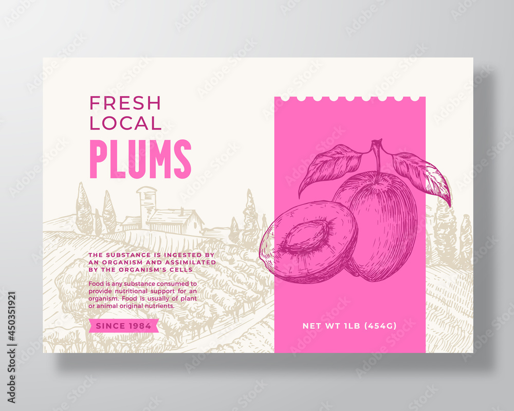 Fresh Local Plums Food Label Template. Abstract Vector Packaging Design ...