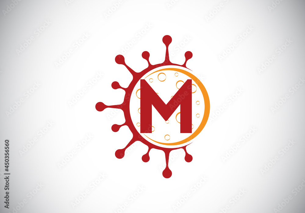 Initial M monogram alphabet with Coronavirus cells. Lab logo sign ...