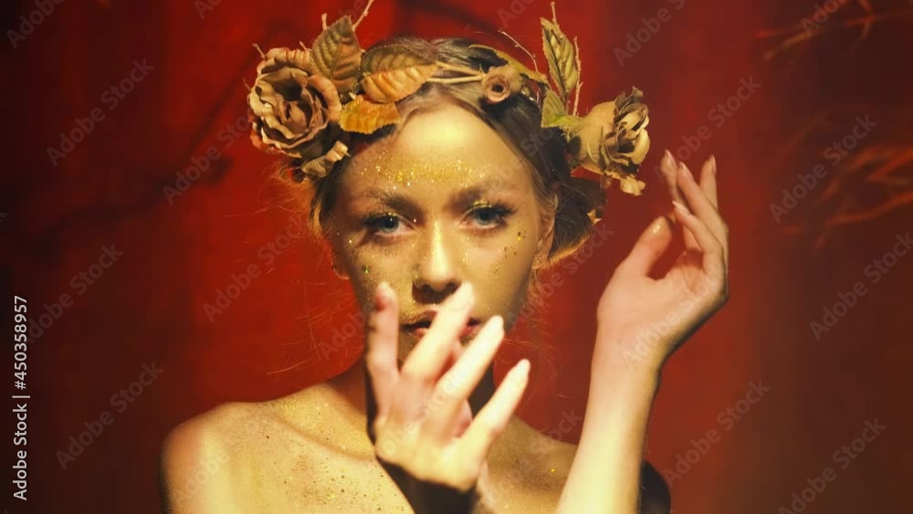 Closeup dance with hands. Portrait mystical fantasy woman goddess. Cute ...