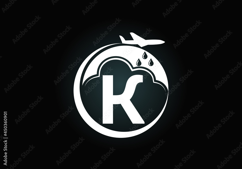 Initial K monogram alphabet with an airplane and cloud. Artificial ...