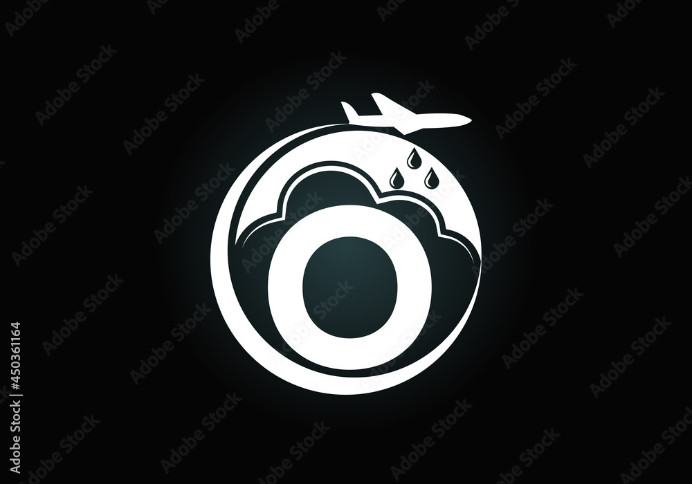 Initial O monogram alphabet with an airplane and cloud. Artificial ...