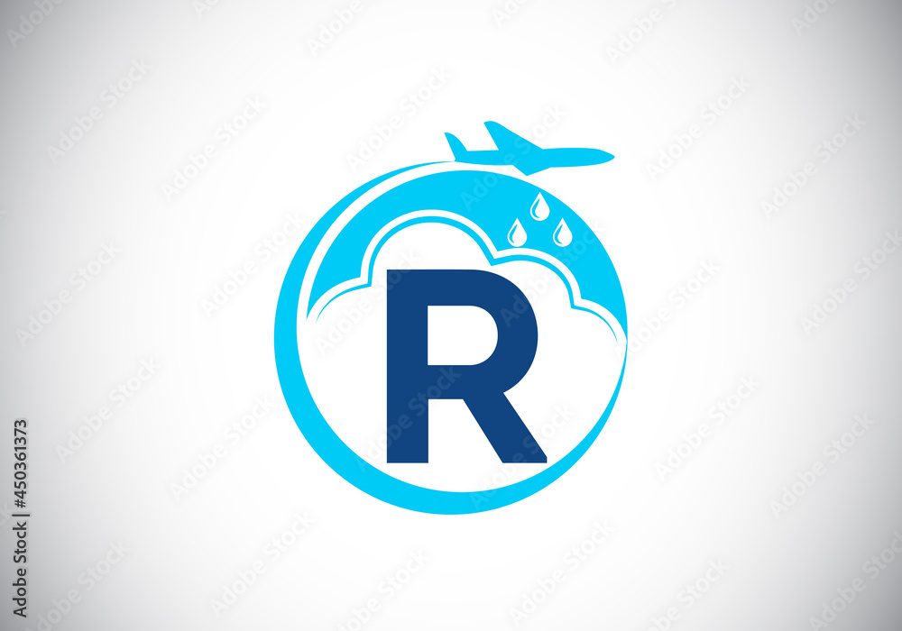 Initial R monogram alphabet with an airplane and cloud. Artificial ...