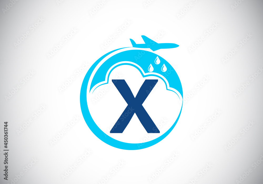 Initial X monogram alphabet with an airplane and cloud. Artificial ...
