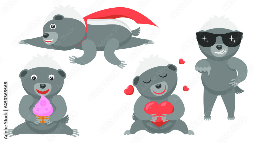 Set Abstract Collection Flat Cartoon Different Animal Honey Badger ...