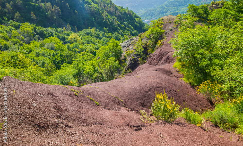 View of the "Terre Rosse" (Red Lands) a small area made up of rocks and ...