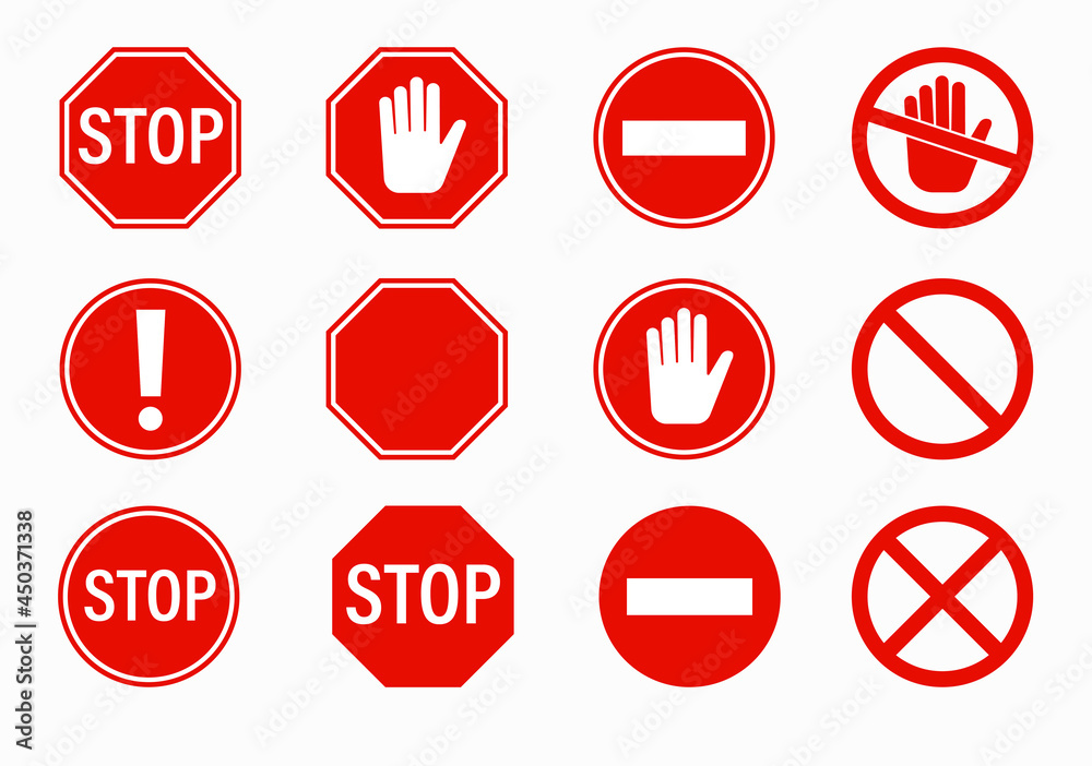 Stop signs red icons - vector set. STOP sign with white hand. Warning ...