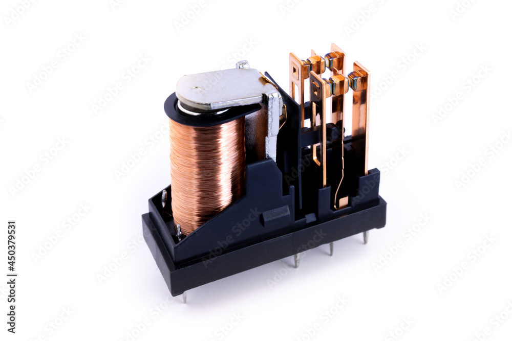Electromagnetic relay isolated on white background, opened without ...