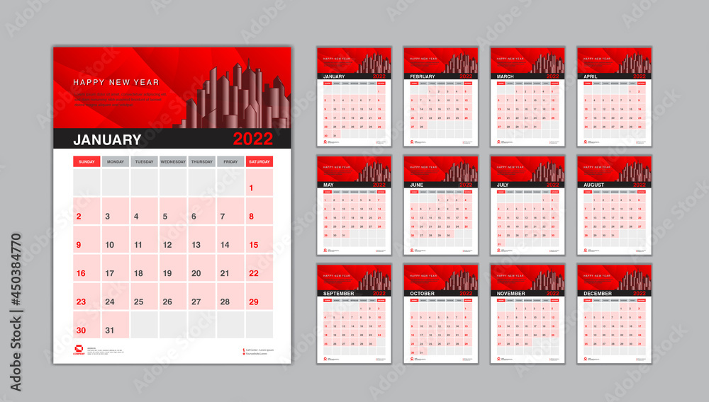 Wall calendar 2022 template red background, Desk calendar 2022 design ...