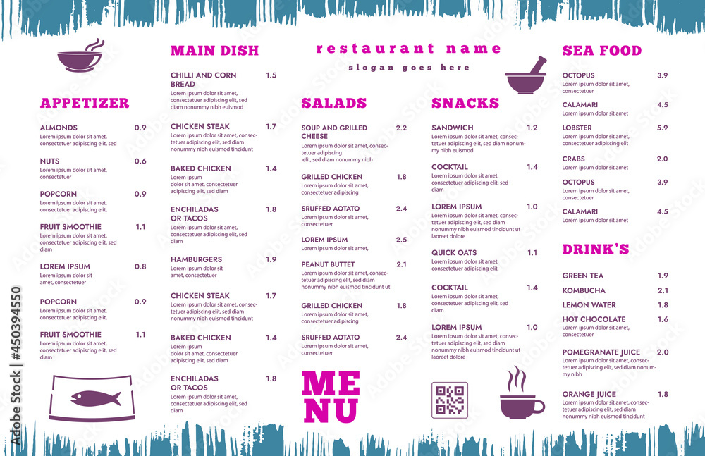 Restaurant cafe menu, template design. Single page food menu template ...