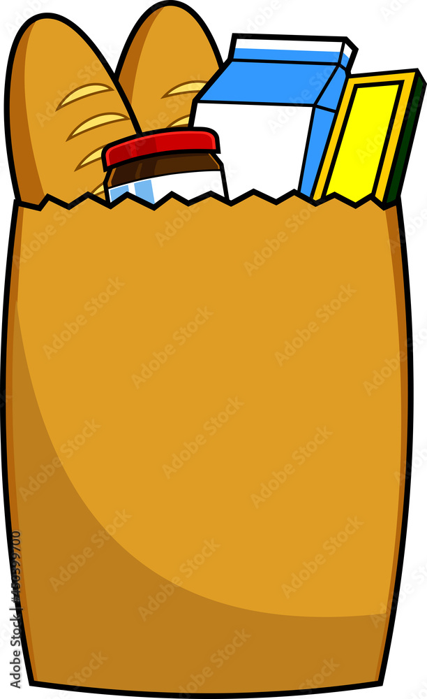 Cartoon Grocery Paper Bag With Delicious Food. Vector Hand Drawn ...