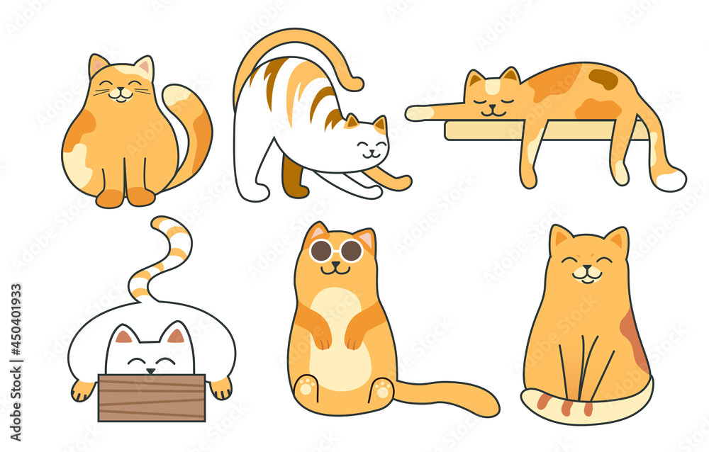 Set of cute colorful cats in different poses on white background ...