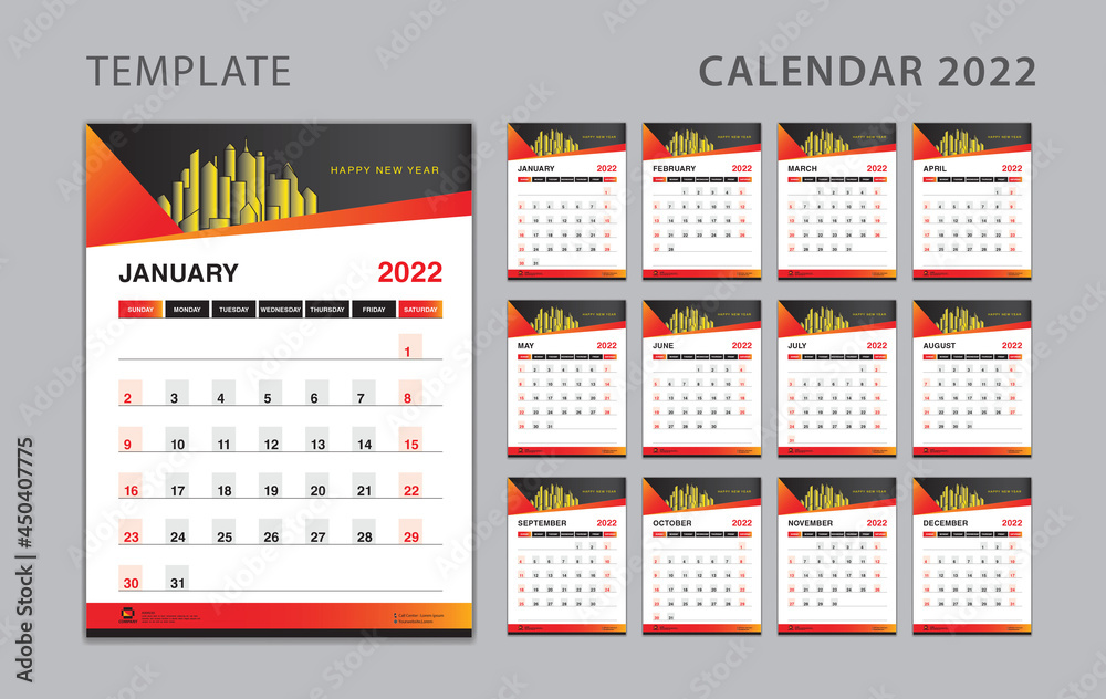 Wall calendar 2022 template red Gradient background, Desk calendar 2022 ...