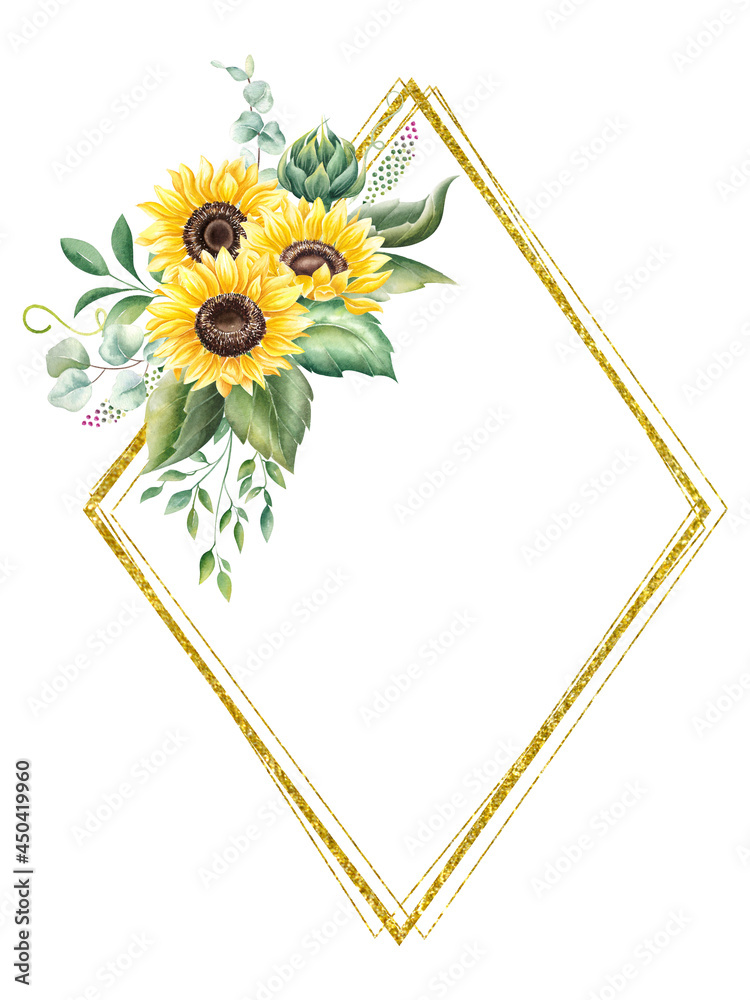 Watercolor autumn gold frame with sunflowers and greenery branches ...