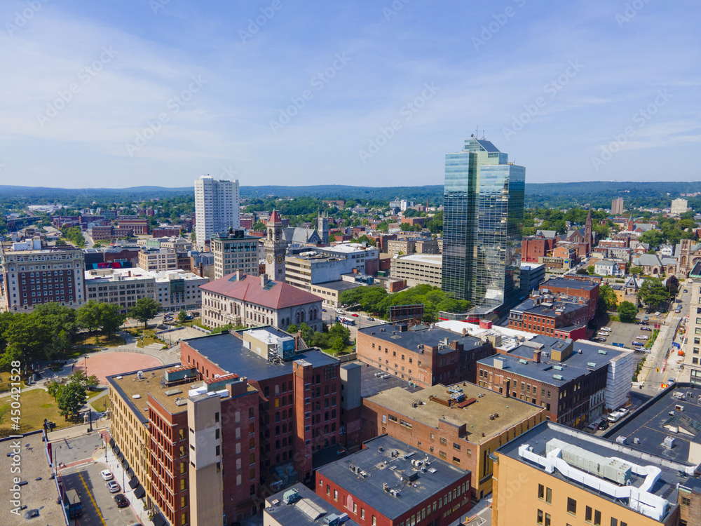 Worcester City Hall aerial view and Worcester Plaza building on Main ...