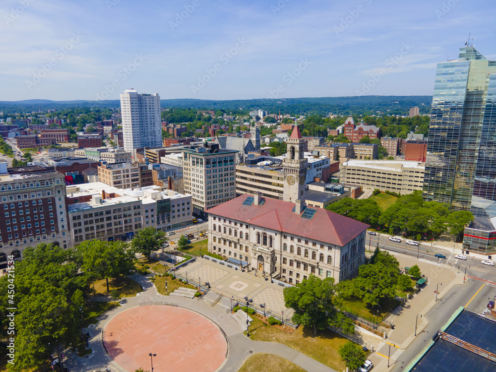 Aerial view of Worcester historic center including Worcester City Hall ...