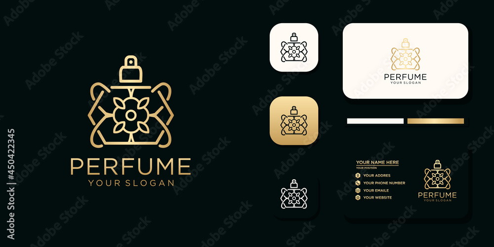 Luxury perfume logo with bottle design and business card template ...