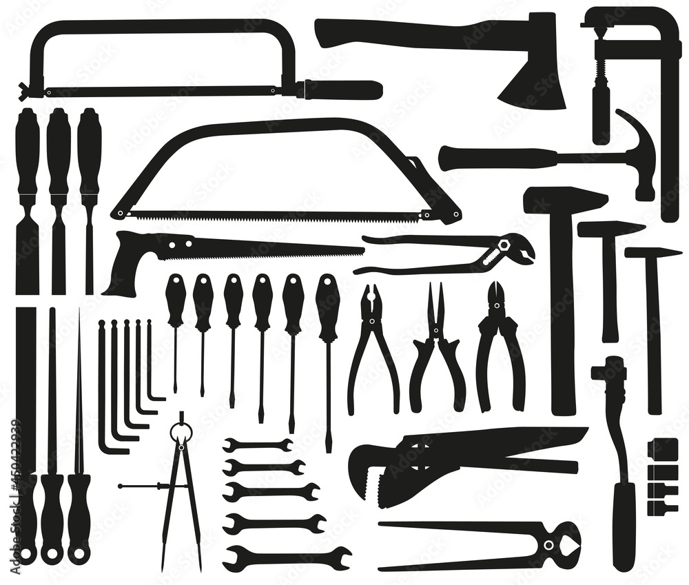 Vector set of hand tools as black silhouettes on white background ...