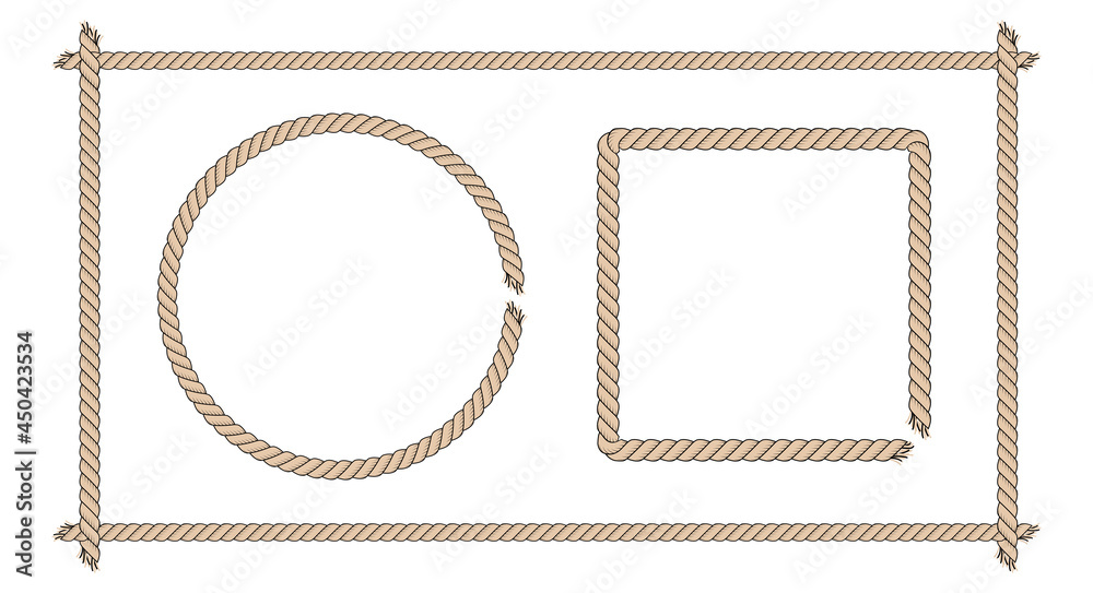 Square and round frames made of thick brown rope. Rope border set. Flat ...