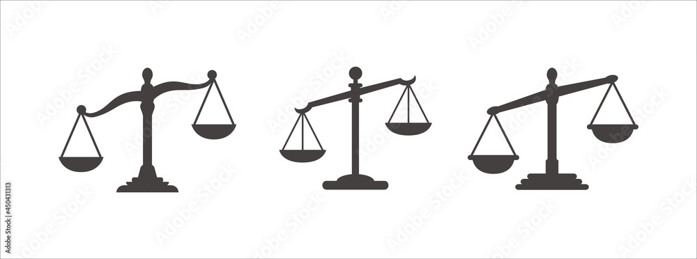 Scale of justice icon vector set. Leaning on one side scale of justice ...
