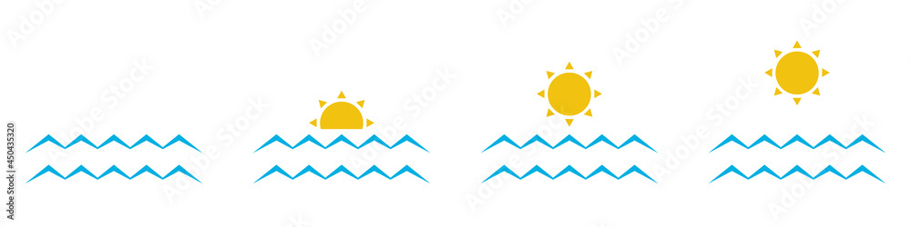 Conjunto de icono de amanecer. Concepto de sol saliente en el mar ...