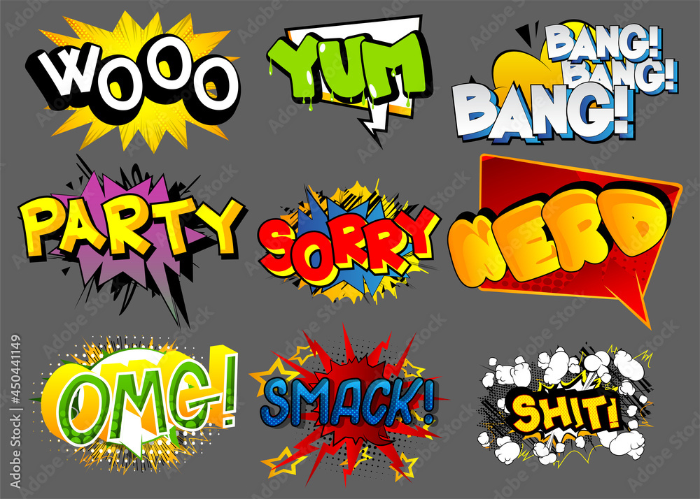 Wooo, Yum, Bang, Party, Sorry, Nerd, OMG, Smack, Shit - Cartoon words ...