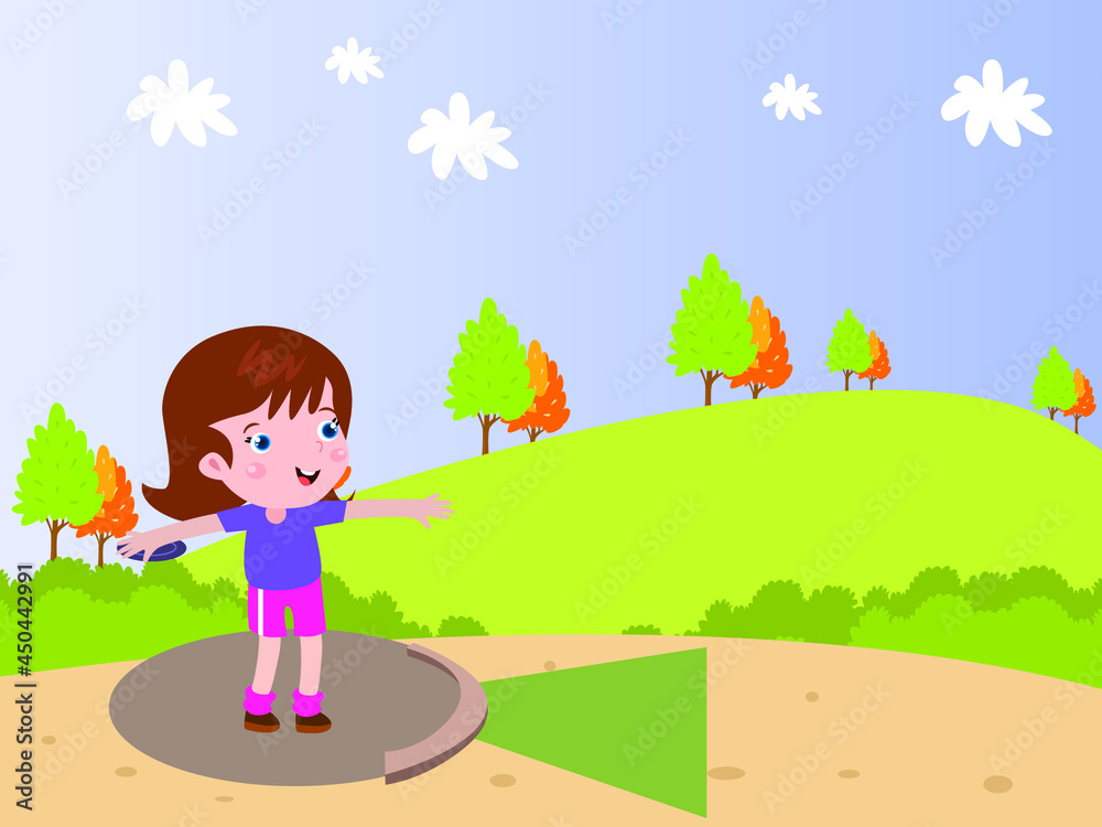 Happy cute girl doing discus throw 2d cartoon vector illustration Stock ...