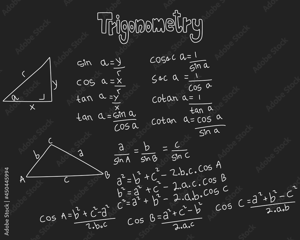 Trigonometry law theory and mathematical formula equation, doodle ...