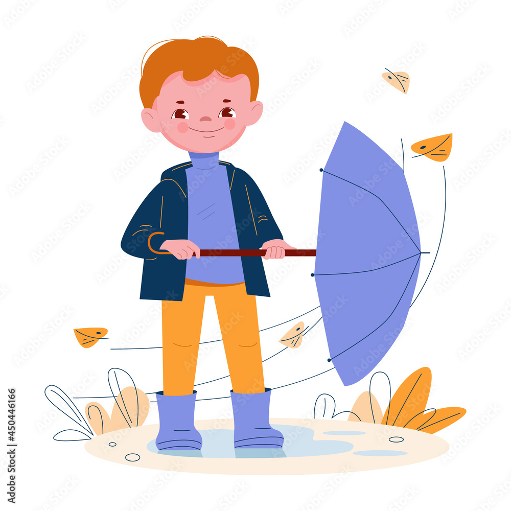 Cute little boy with umbrella in rubber boots. Windy weather autumn ...