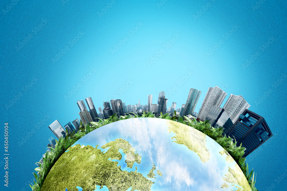 Earth with modern buildings and skyscrapers above it Stock Illustration ...