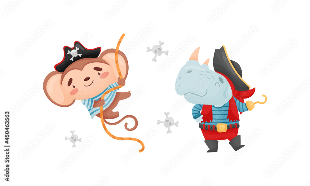 Cute little animals pirates set. Funny monkey, rhino sailor characters ...