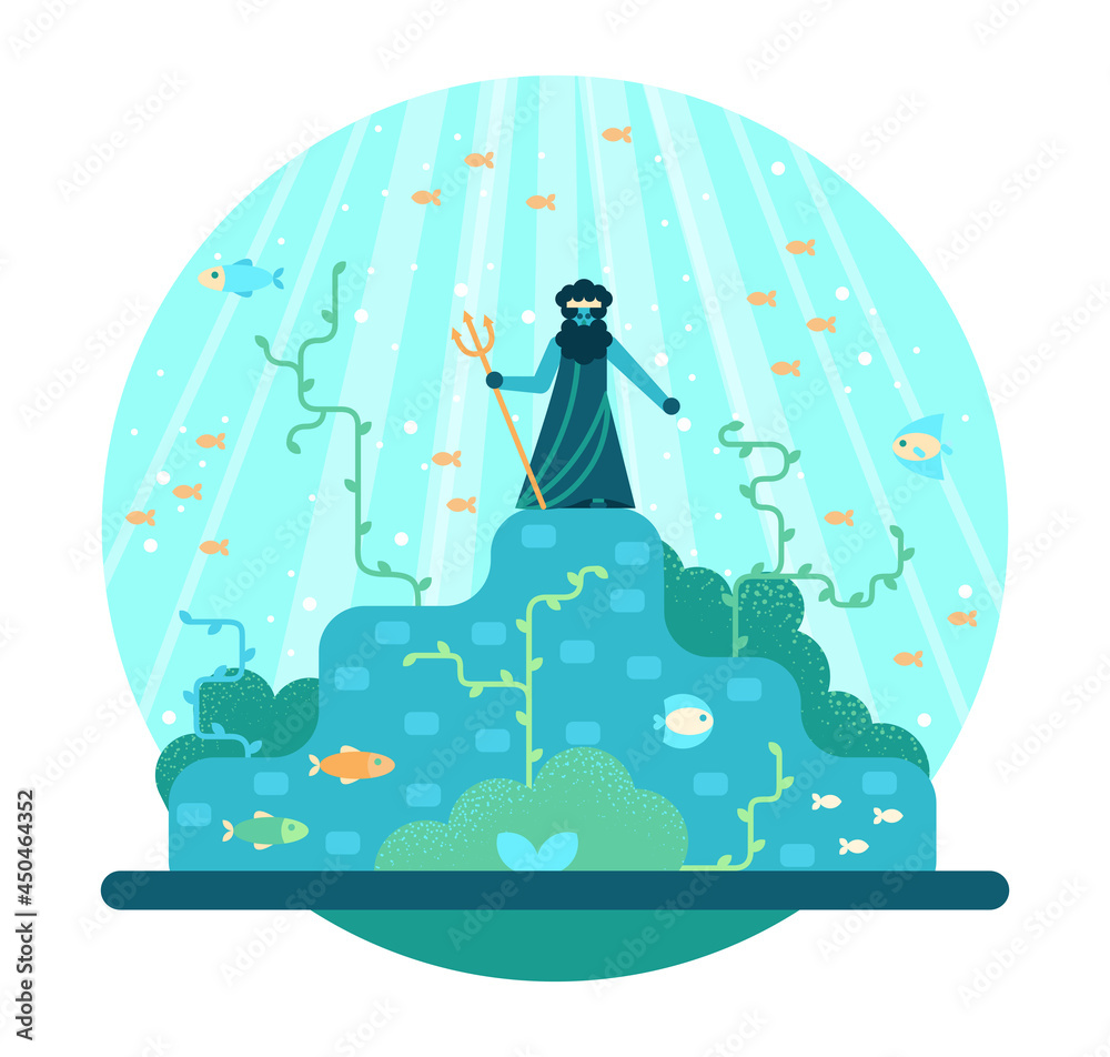 Cartoon god of the seas and oceans in toga and crown with trident ...