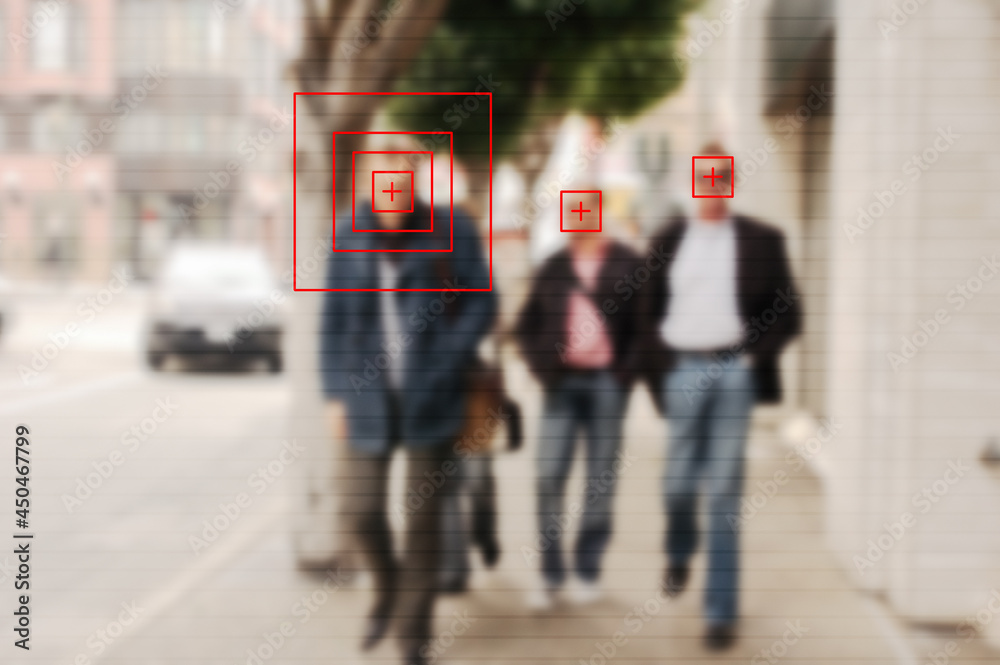 Face recognition signs and tags on people faces. Privacy and personal ...